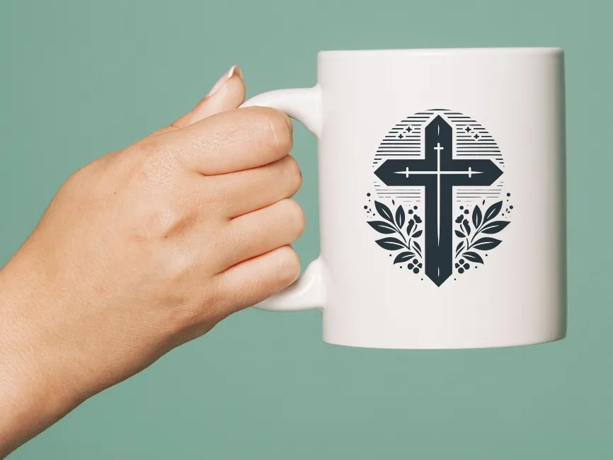 Modern Christian Cross Symbol with Sun and Leafy Branches Logo Template ...