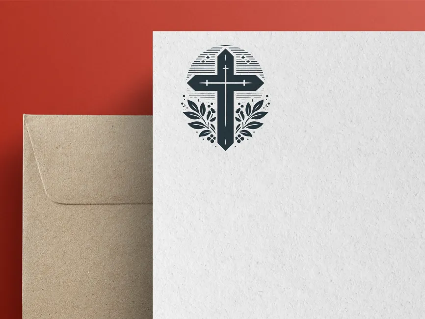 Modern Christian Cross Symbol with Sun and Leafy Branches Logo Template ...